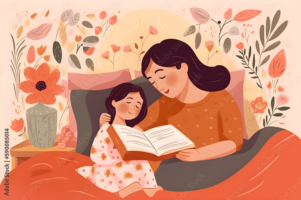 Mother's Day flat illustration with a mother reading storybook in the ...