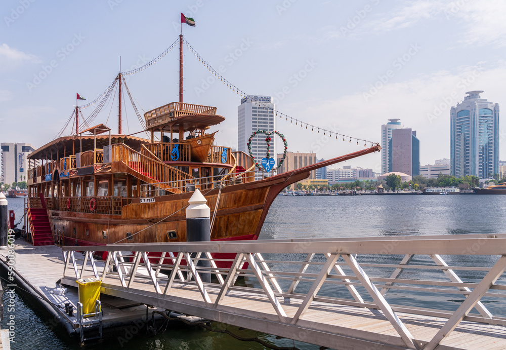 Dubai, UAE - 31 March 2023: Largest dhow cruise boat docked in the ...