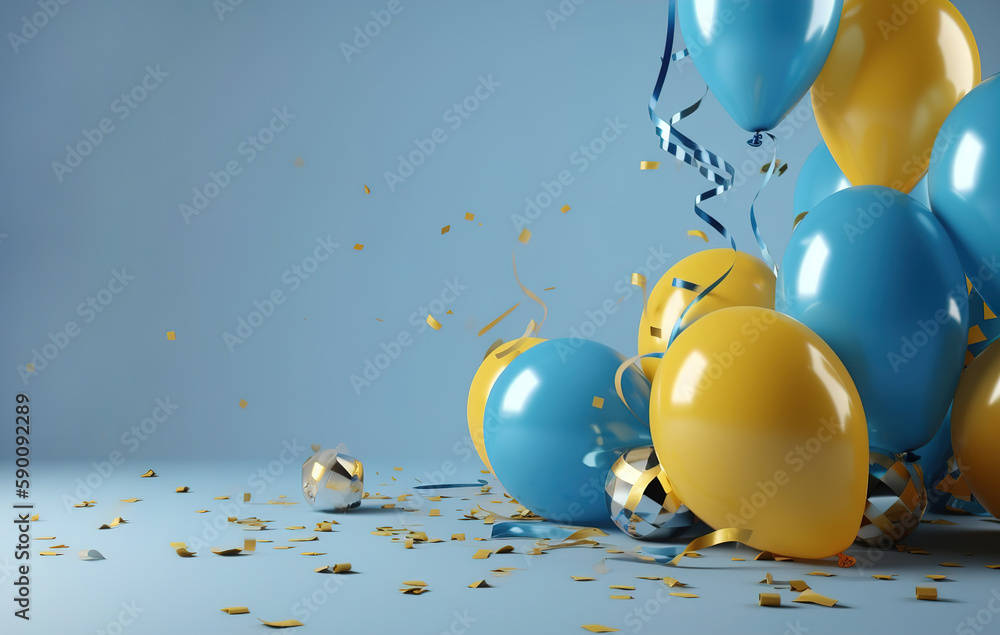 Celebration blue background with yellow-blue, gold balloons, gifts and ...