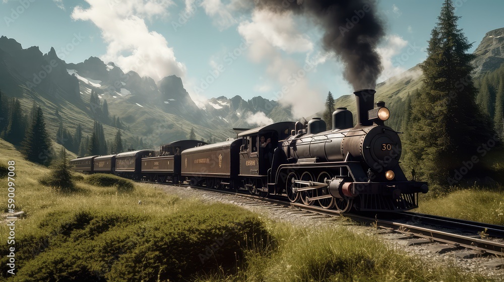 A steam train is making its way through the picturesque scenery of the ...