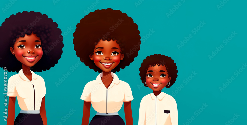 Three beautiful african girls with afro hair in cartoon style ...