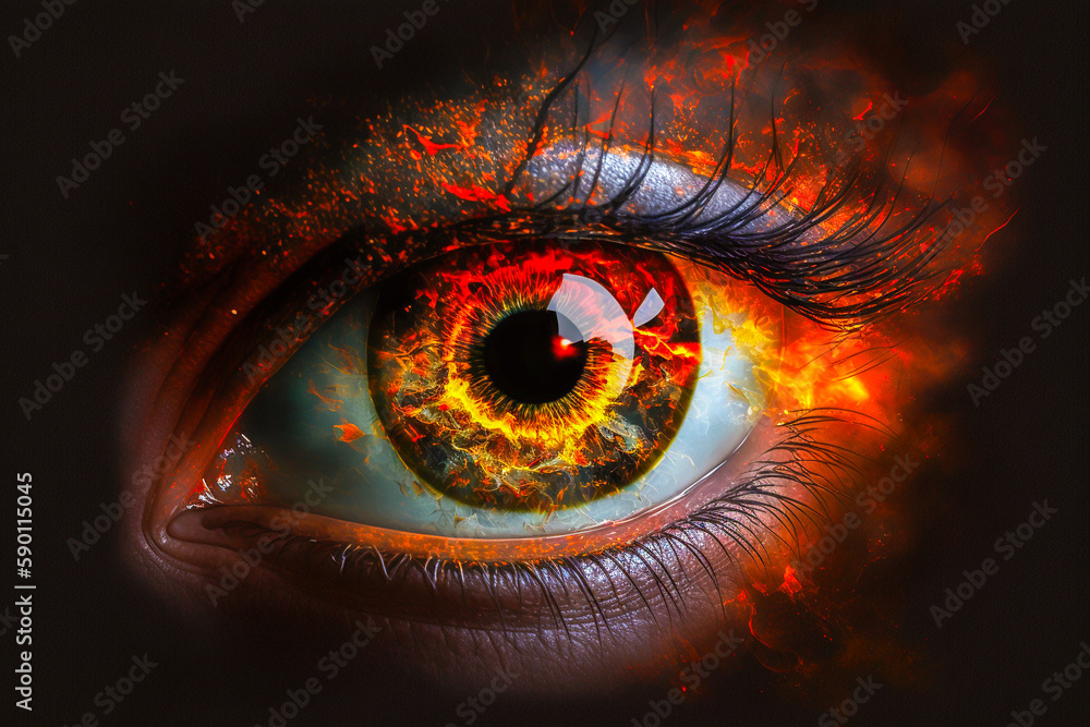 Abstract illustration of human (woman) eye with fire and sparks. Anger ...
