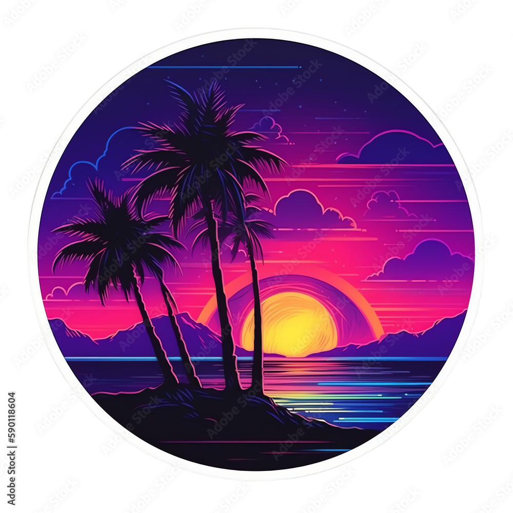 Synthwave Palm Tree Sunset Water Sticker created using generative AI ...