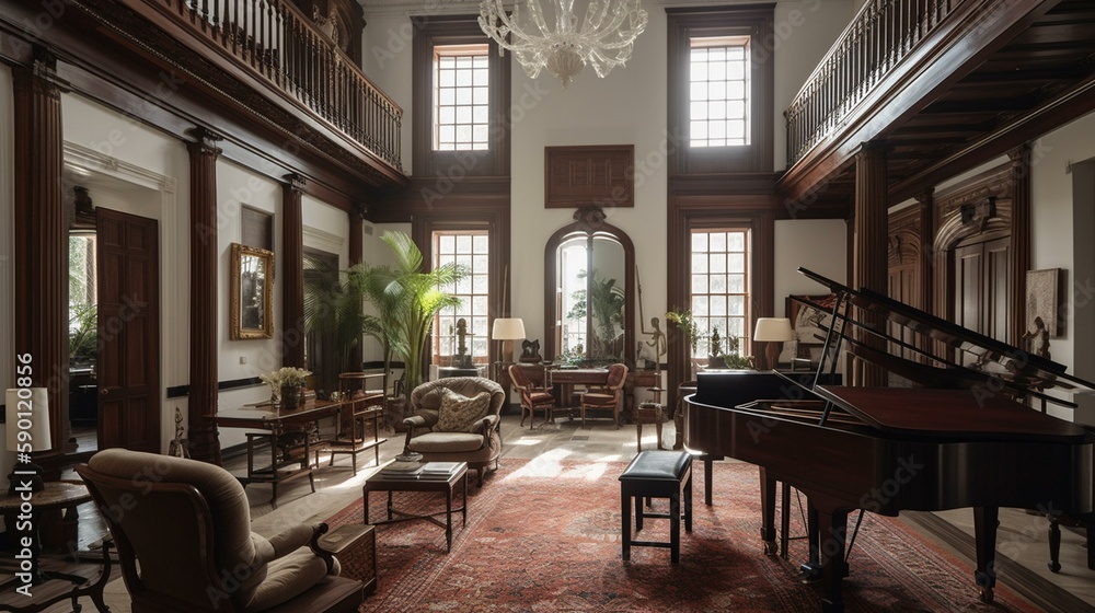 A grand Colonial Living Room impresses with a mahogany grand piano, a ...
