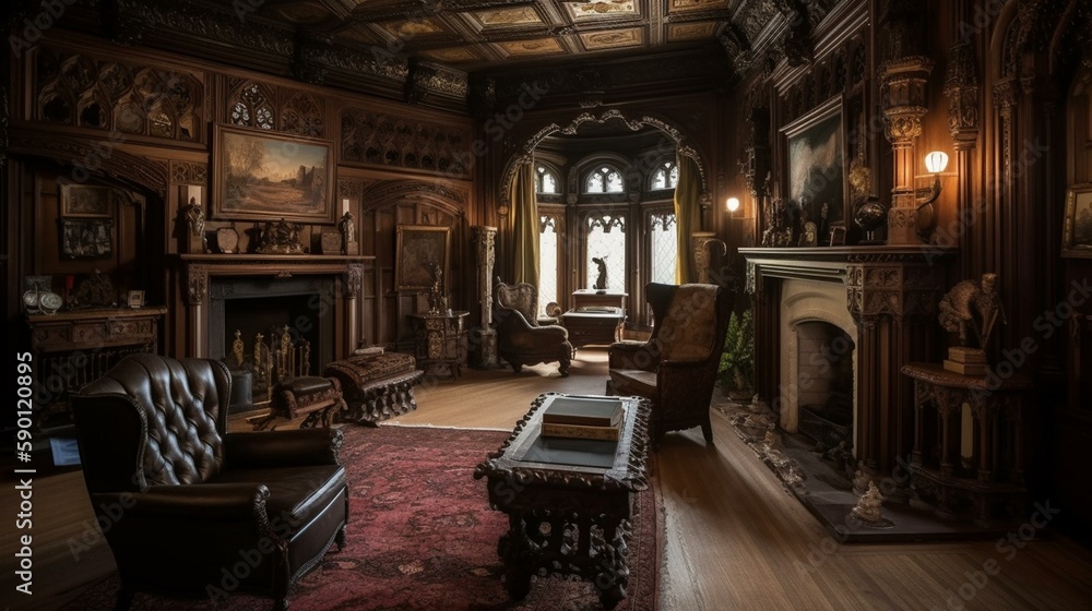 A traditionally styled Gothic Revival Living Room with intricate wood ...