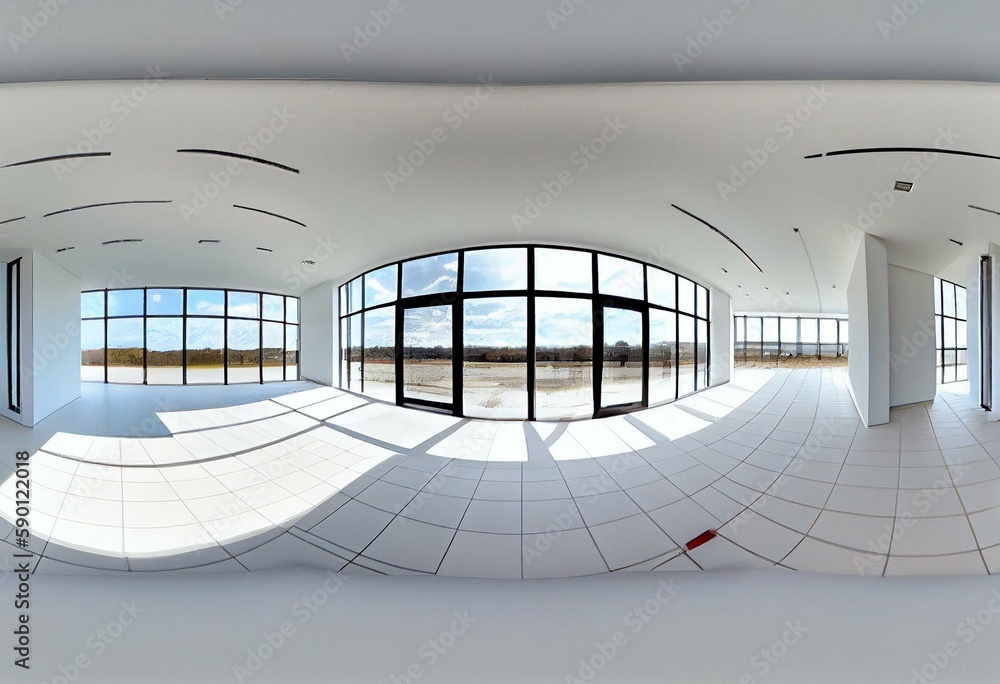 360 HDRI panorama of white room w/repair and huge windows for office ...