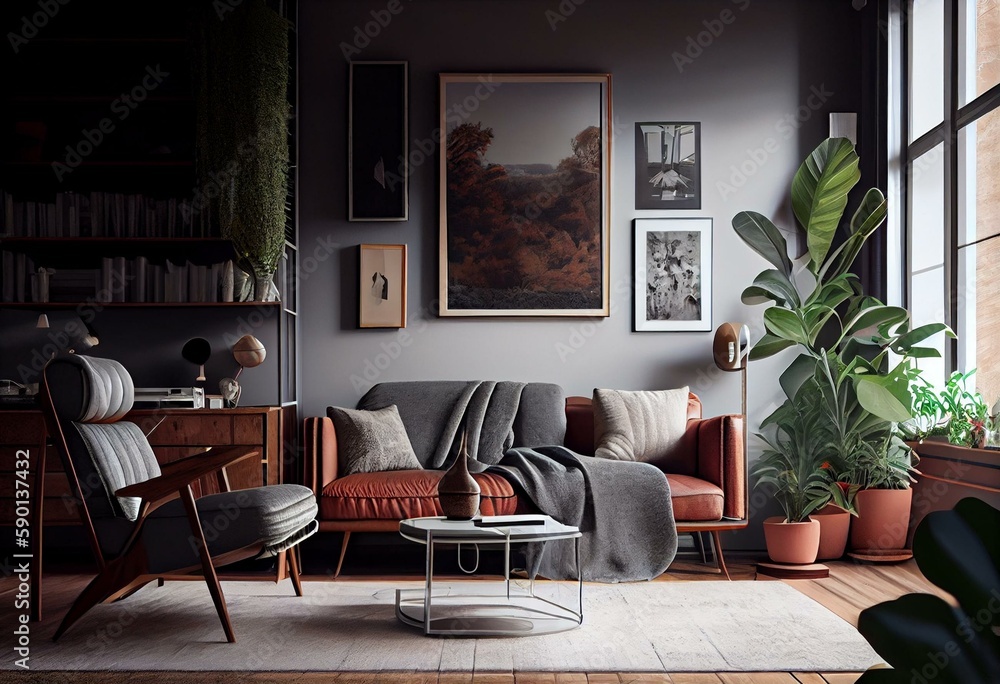 AI-generated living room with bold magneta accents. Generative AI Stock ...