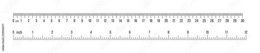 Ruler 30 cm, 12 inch. Set of ruler 30 cm 12 inch. Measuring tool. Ruler scale. Grid cm, inch ...