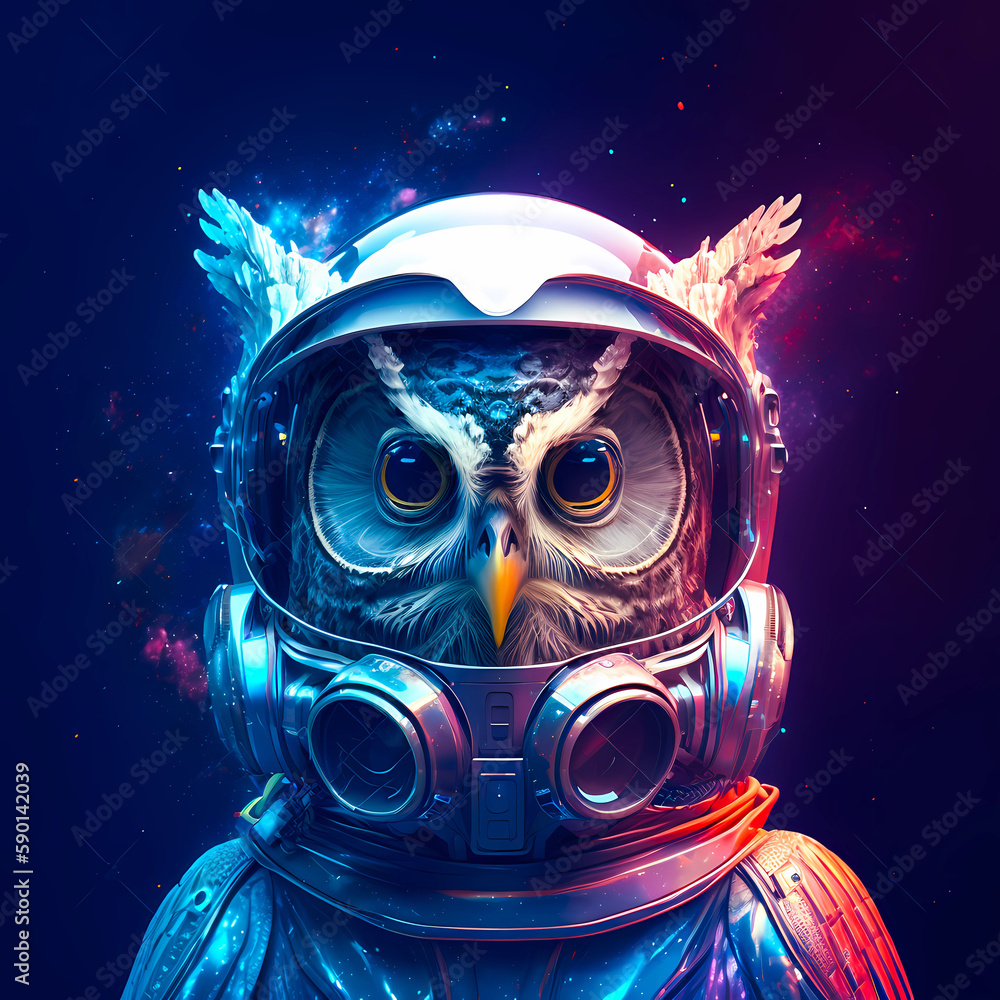 Surreal cute owl astronaut portrait in vibrant colorful outer space ...
