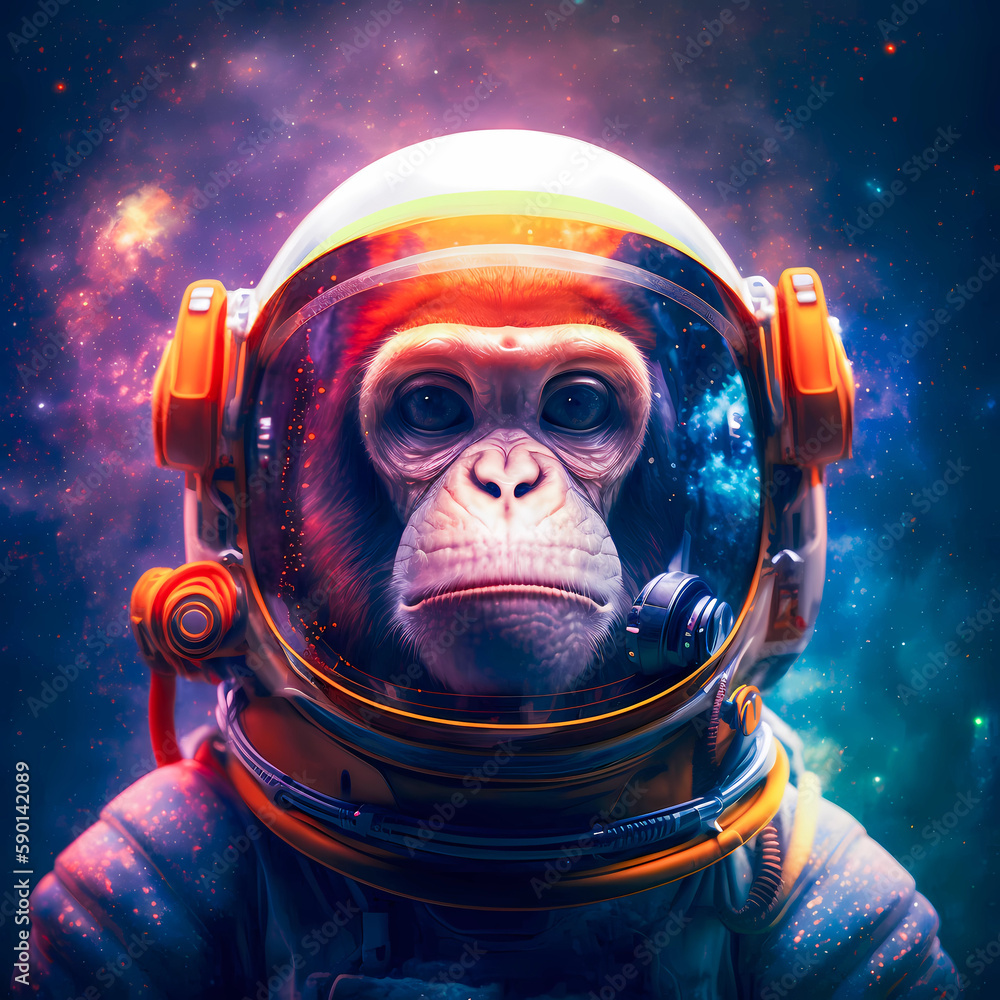 Surreal cute monkey astronaut portrait in vibrant colorful outer space. Realistic ape close-up ...