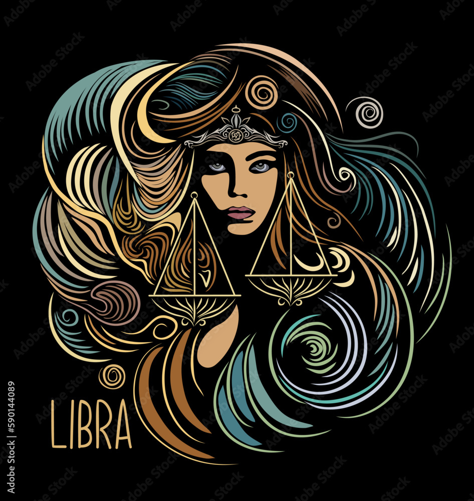 Libra Zodiac sign beautiful girl hand drawn vector colorful ...