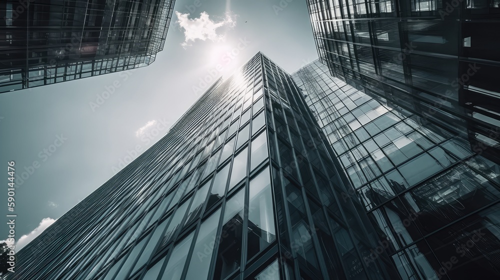 The narrow passage between modern residential buildings. Walls of high ...