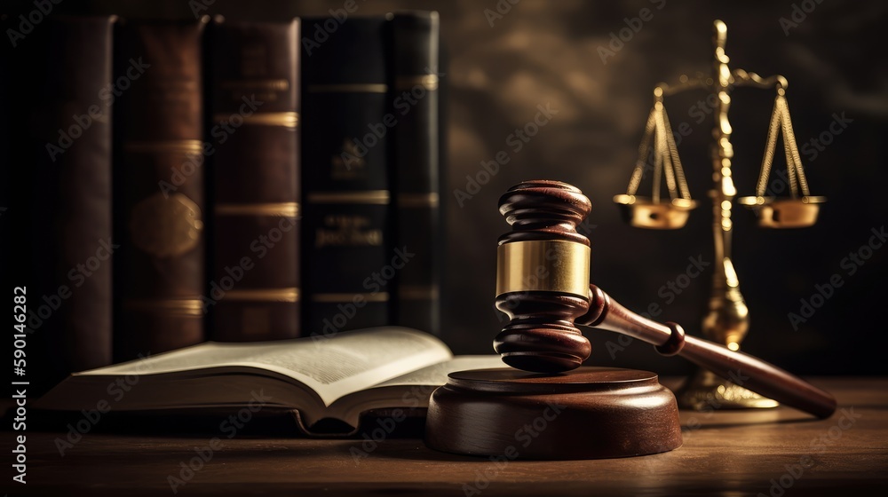 The scales of justice, the judge's hammer and books, dark lighting, the ...