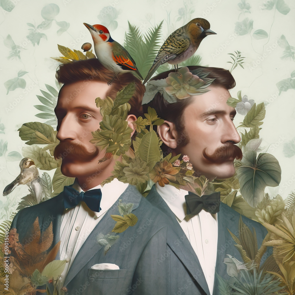 Vintage collage Illustration of two men with moustaches, collage ...