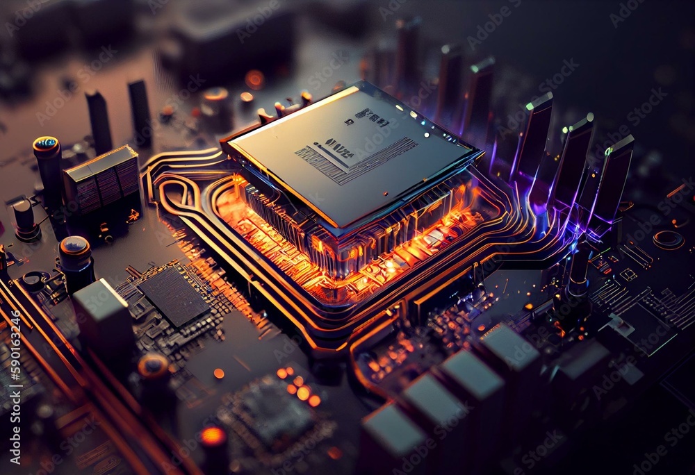 A futuristic CPU flying through electronic circuitry, executing ...