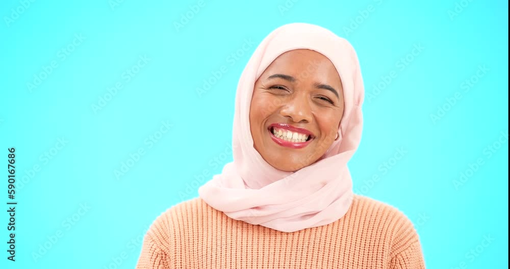 Vidéo Stock Muslim woman, happy laugh and face portrait with a scarf ...