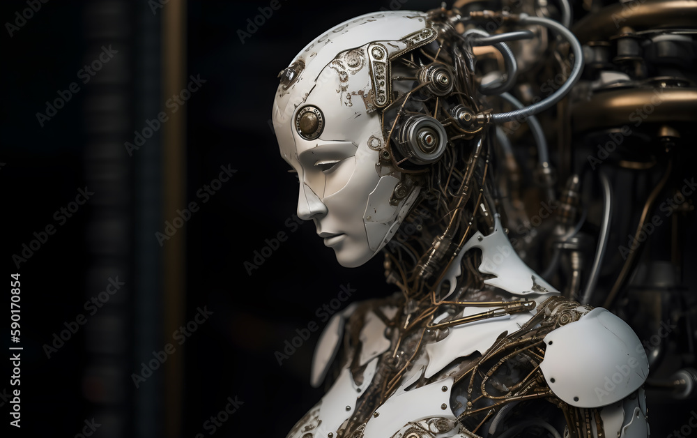 Figure of a robotic head with exposed internals cables and wires ...