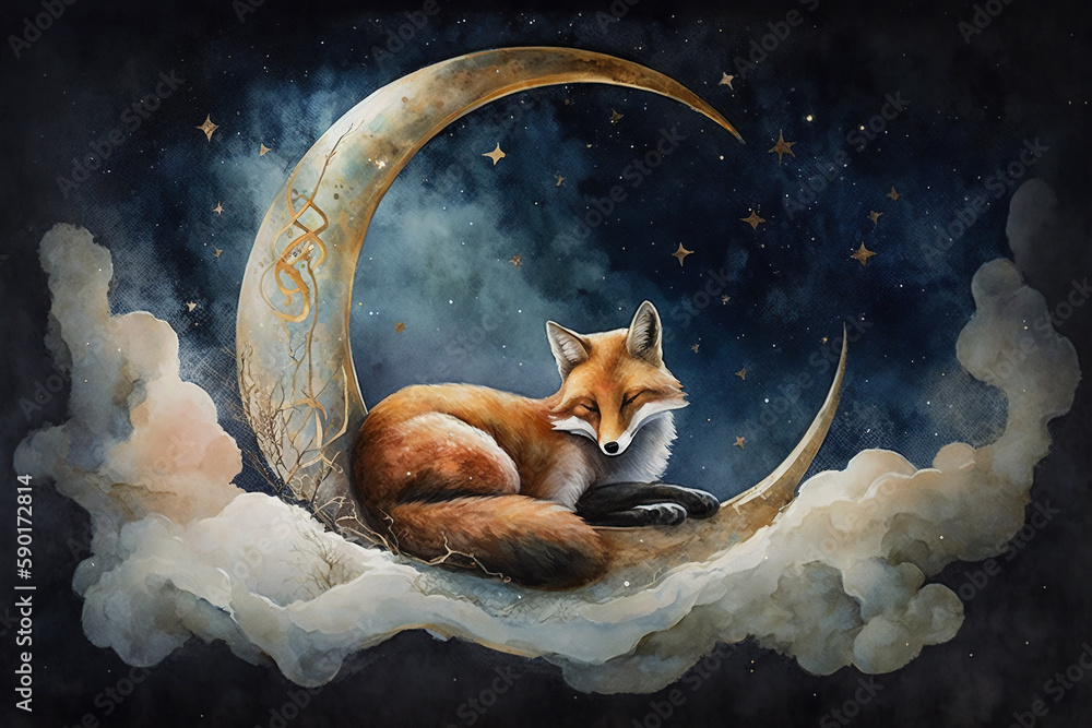 Fox sleeping in a Crescent moon isolated on a white background ...