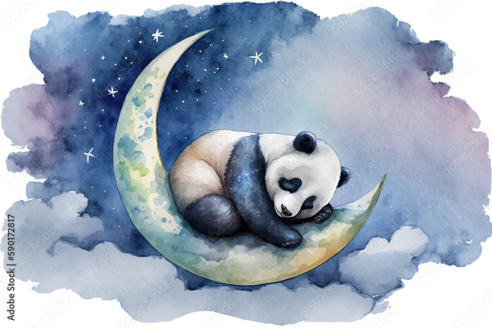 Panda bear sleeping on a Crescent moon watercolor, Generative AI Stock ...