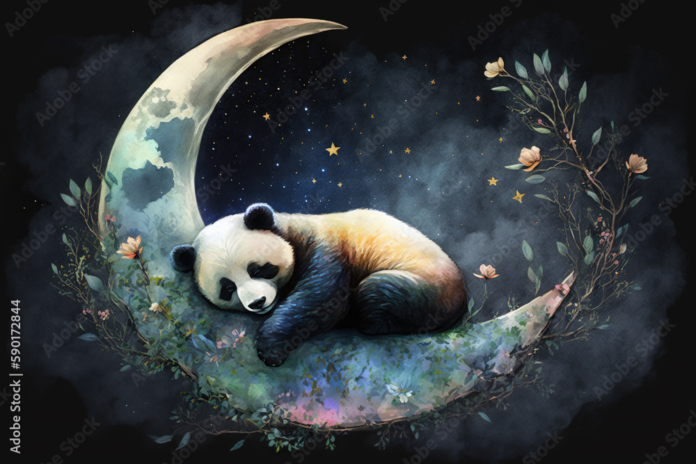 Panda bear sleeping on a Crescent moon watercolor, Generative AI Stock ...