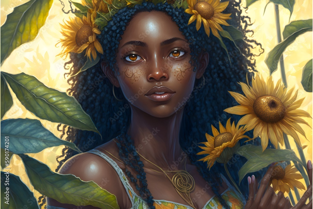 DnD 5e female summer goddess tending to a garden detailed face dark ...