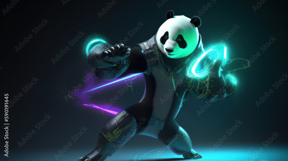 Cyberpunk panda wearing metal armor in fighting pose and neon lights ...