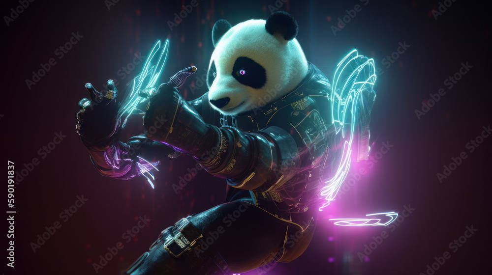 Cyberpunk panda wearing metal armor in fighting pose and neon lights ...