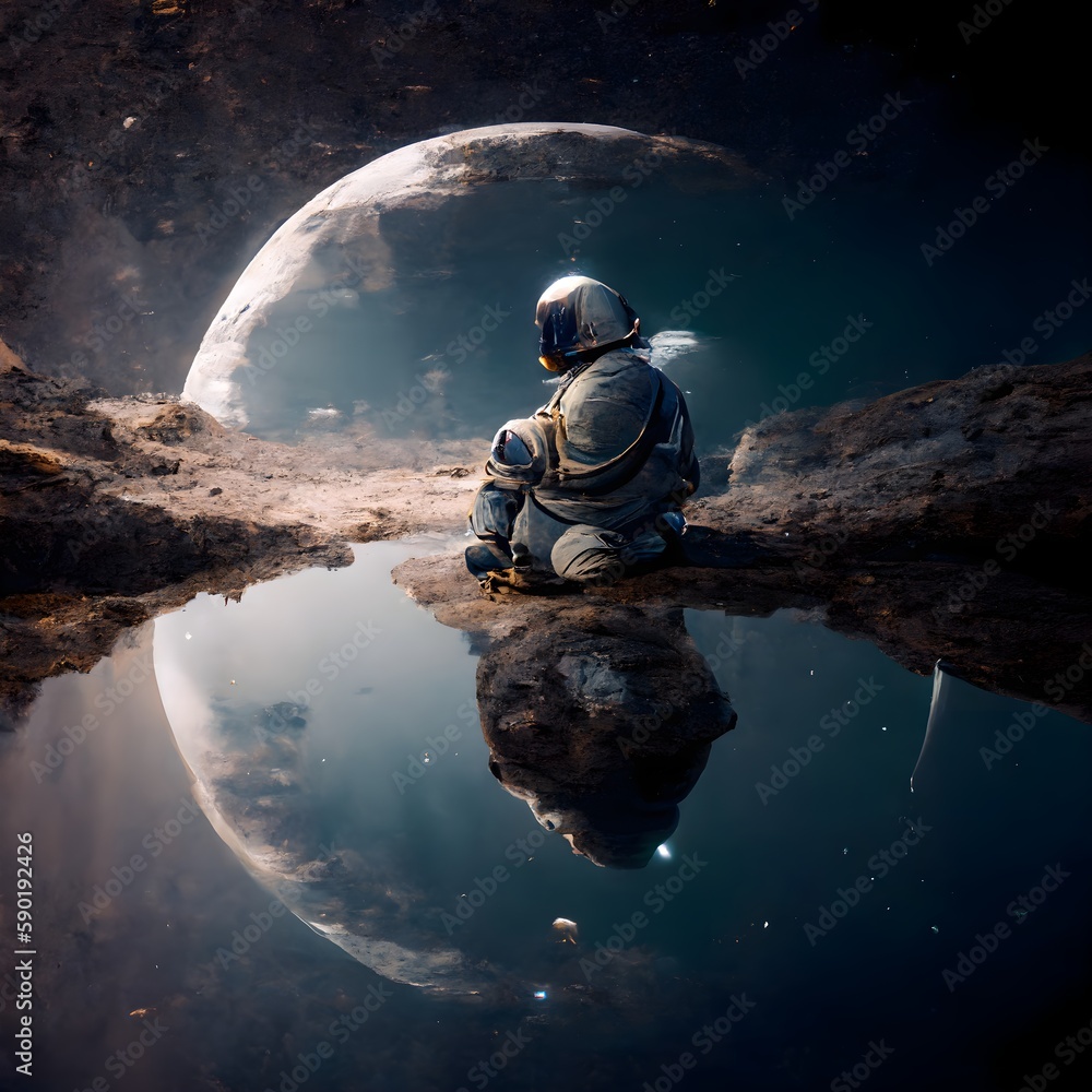 astronaut sitting on a lonely vast planet looking into a tiny pond ...