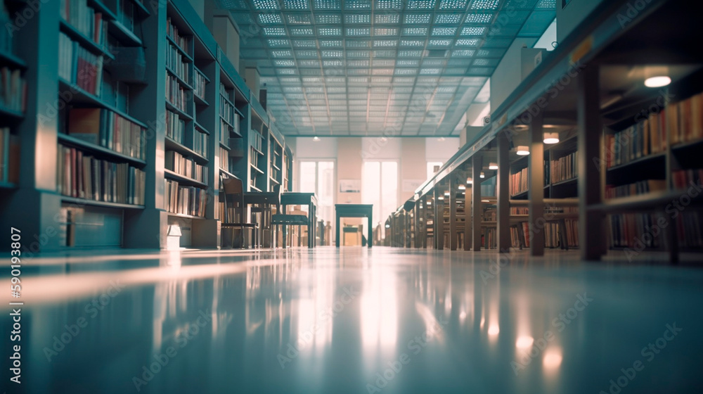 Abstract blurred empty college library interior space. Blurry classroom ...