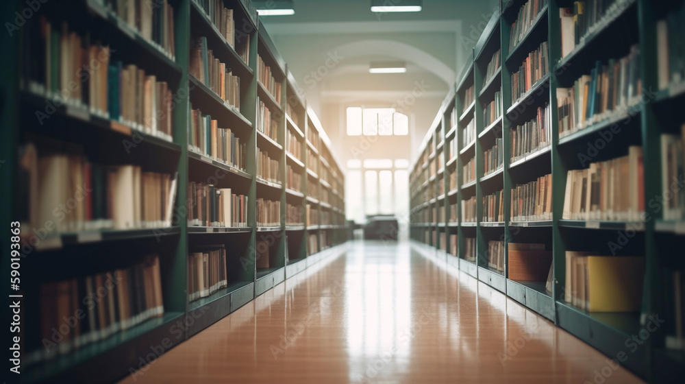 Abstract blurred empty college library interior space. Blurry classroom ...