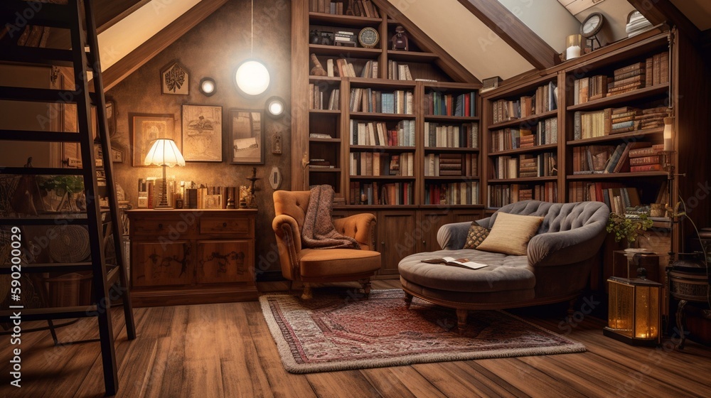A charming and rustic home library with floor-to-ceiling bookshelves ...