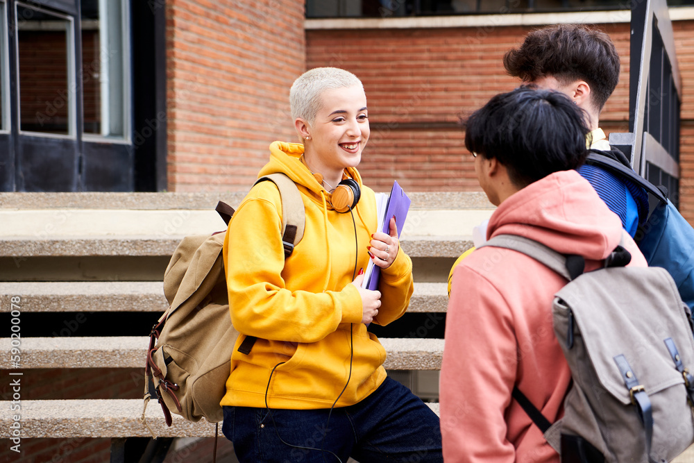 Portrait three students talking to each other at the faculty entrance ...