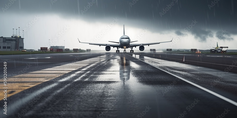 Stormy runway with airplanes being diverted, concept of Flight ...