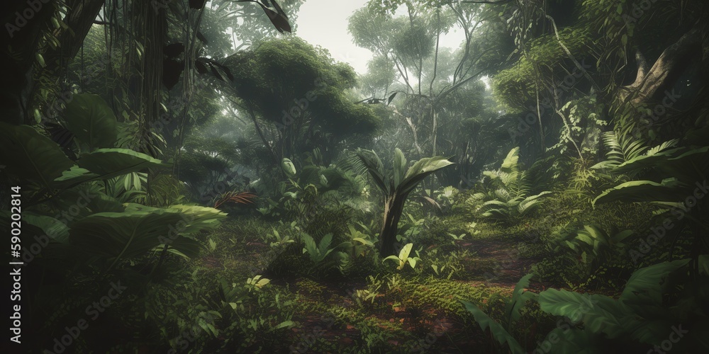 Mysterious impenetrable jungle overgrown with exotic plants. Background ...