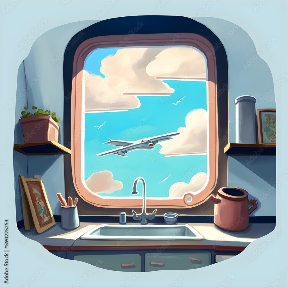 in the style of Mary Poppins a kitchen sink overlooking a window with ...