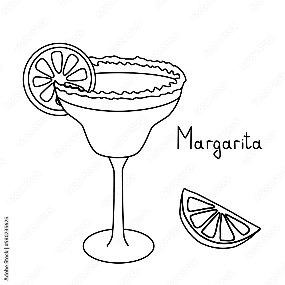 Margarita cocktail in glass with salt rim and lime slice, doodle vector ...
