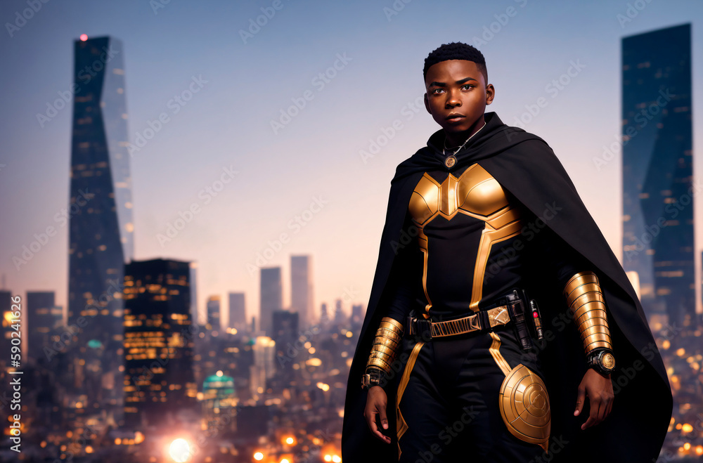 African american superhero. Portrait of black man in fantastic costume ...