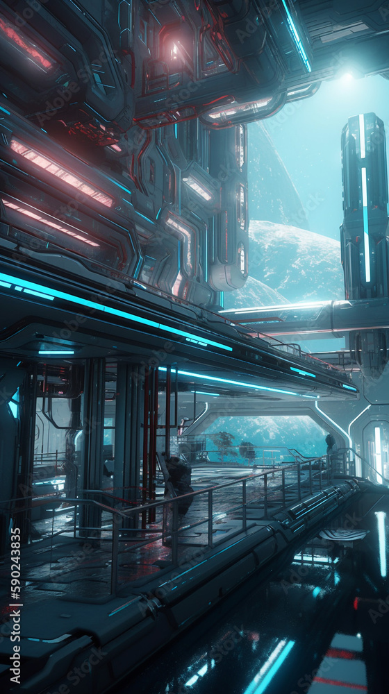Ai futuristic space city scene with blue neon lights outside ...