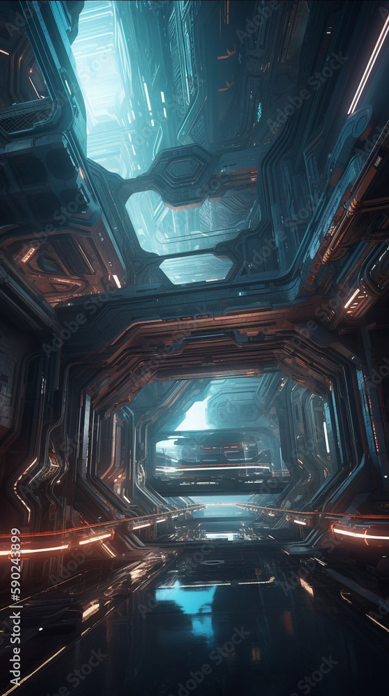 Detailed interior of futuristic spaceship, space station hallway for ...