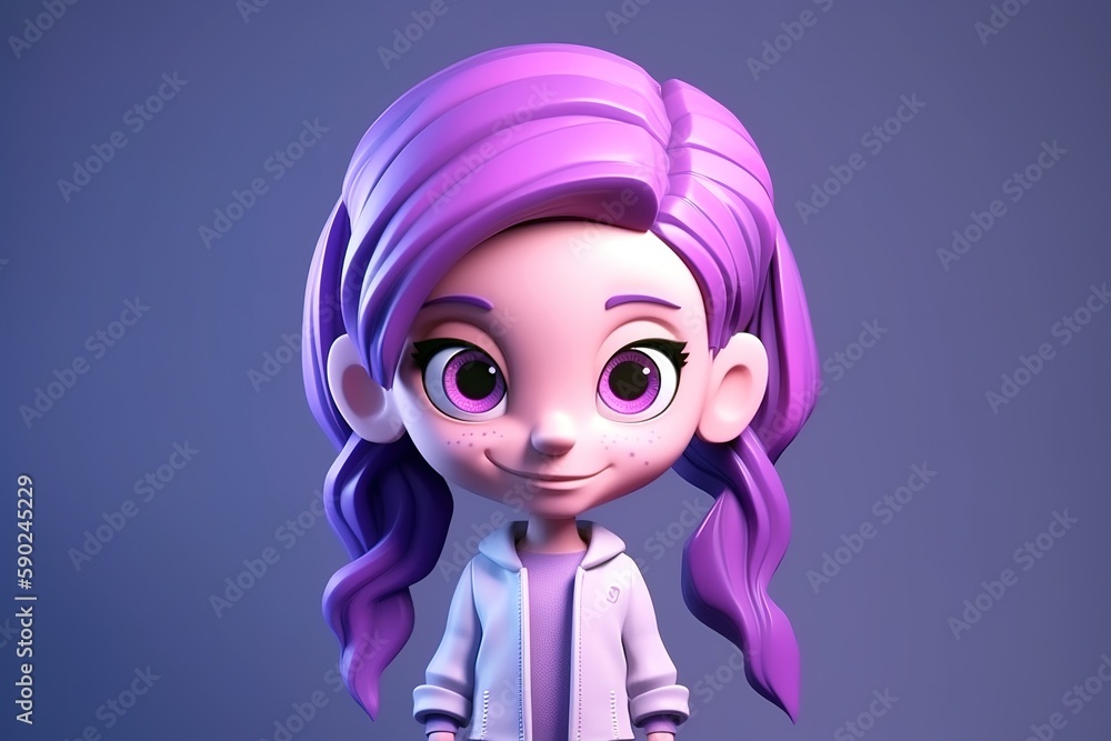Animated cartoon character of cute little girl with purple hair over ...