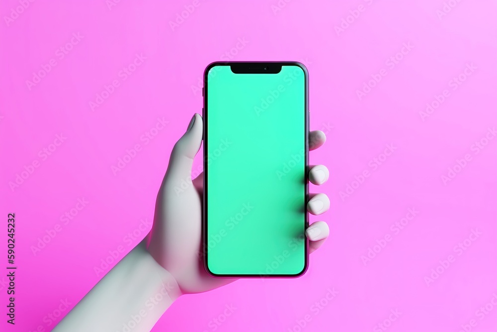 3D render style illustration of hand holding mobile with green screen ...