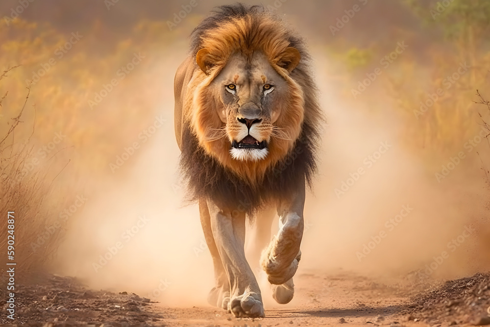 Single lion looking regal standing proudly on a small hill. Neural ...