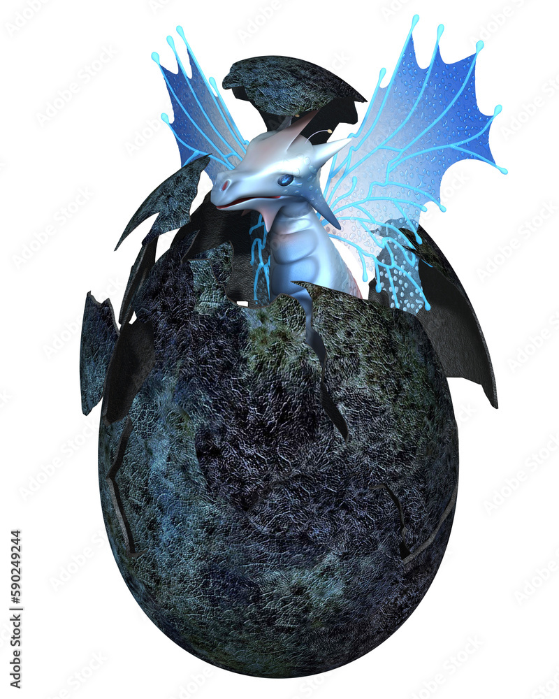 Cute Blue Baby Fairy Dragon Hatching from an Egg, 3d digitally rendered ...
