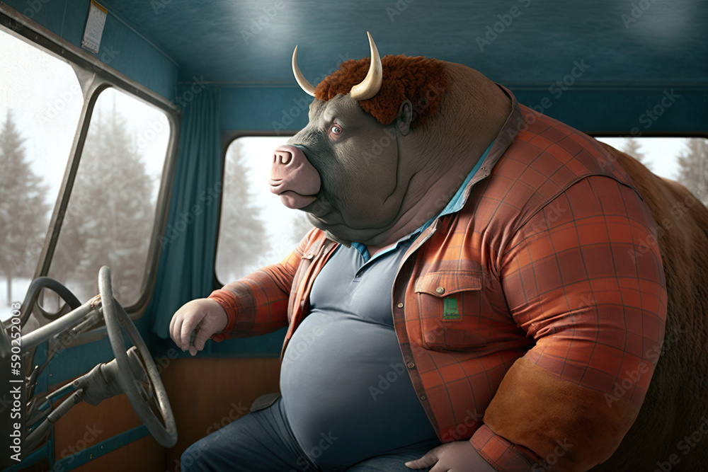 Fat buffalo in clothes a trucker driver sits in the car, created with Generative AI technology ...
