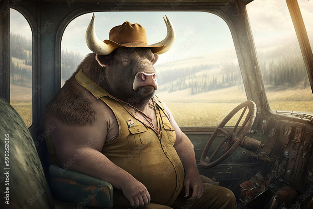 Fat buffalo in clothes a trucker driver sits in the car, created with Generative AI technology ...