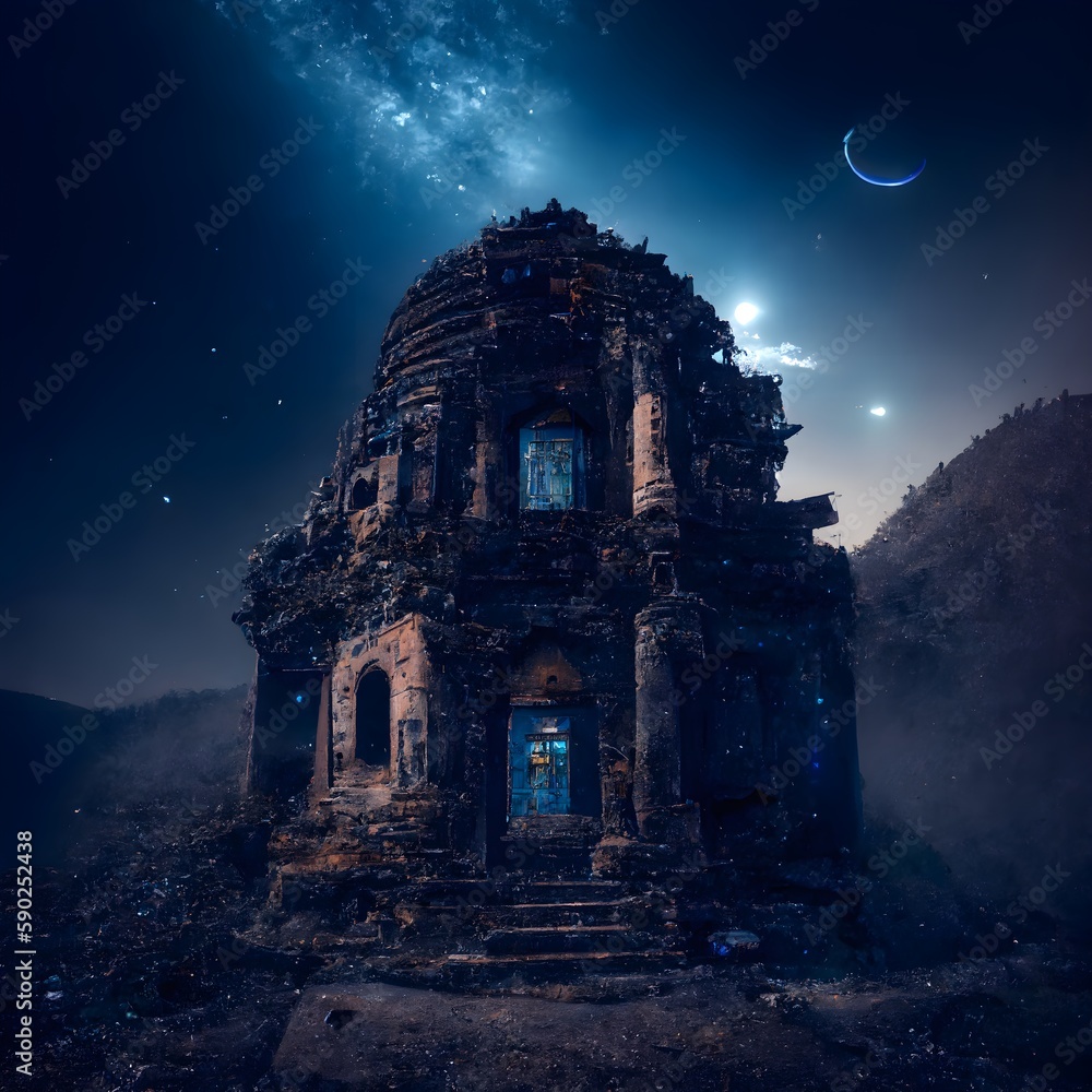 an abandonned ruine of a temple tibetan in a steampunk landscape with ...