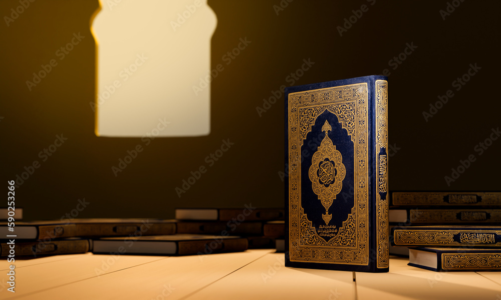 3D, Many Qurans on the wooden table, Islamic concept - The Holy Al ...