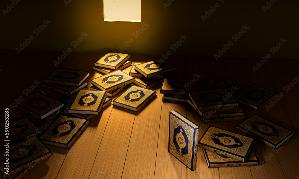 3D, Many Qurans on the wooden table, Islamic concept - The Holy Al ...