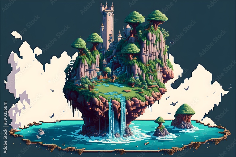 16 bit pixel art of islands floating high in the atmosphere with ...