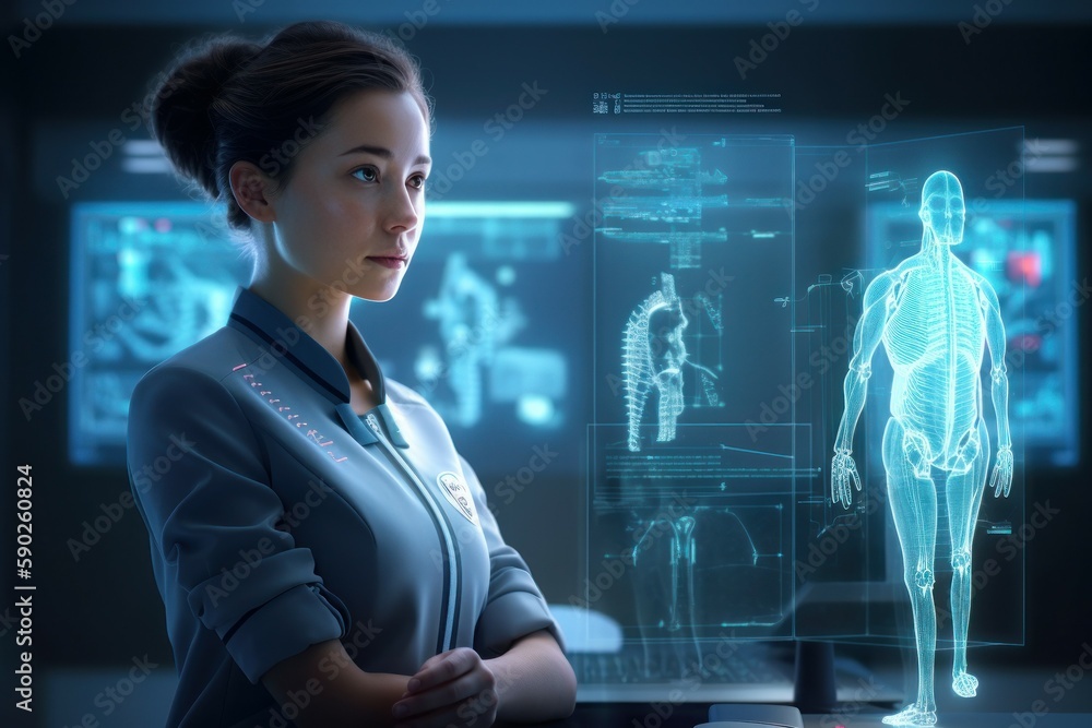 Woman doctor on the background of a hologram with infographics in a ...